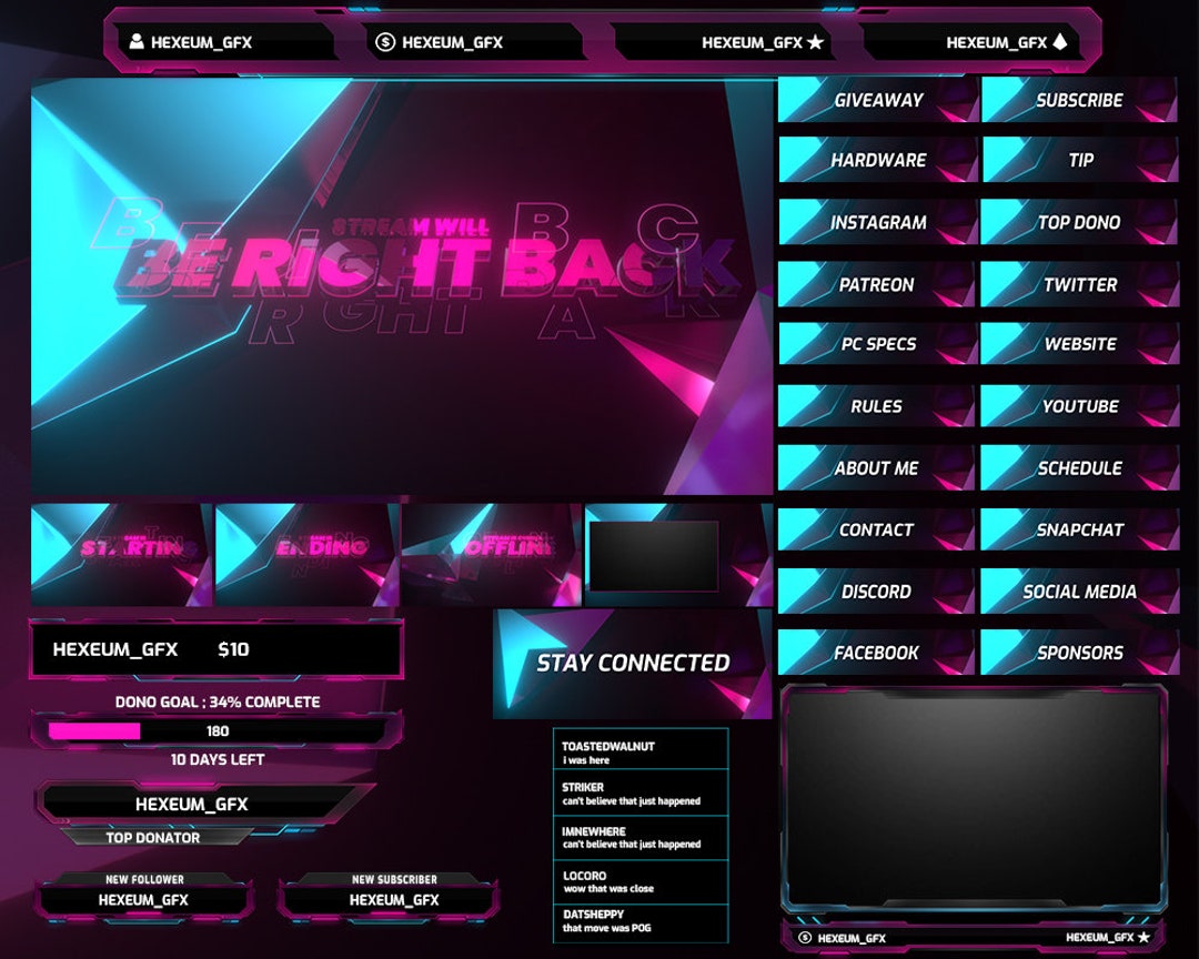 Neon Pink and Blue Twitch Overlay Package for Obs/3d/glowing/minimal ...