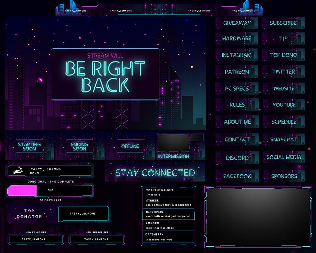 Neon City Twitch Overlay Package for Obs/cityscape/purple/blue/cozy ...