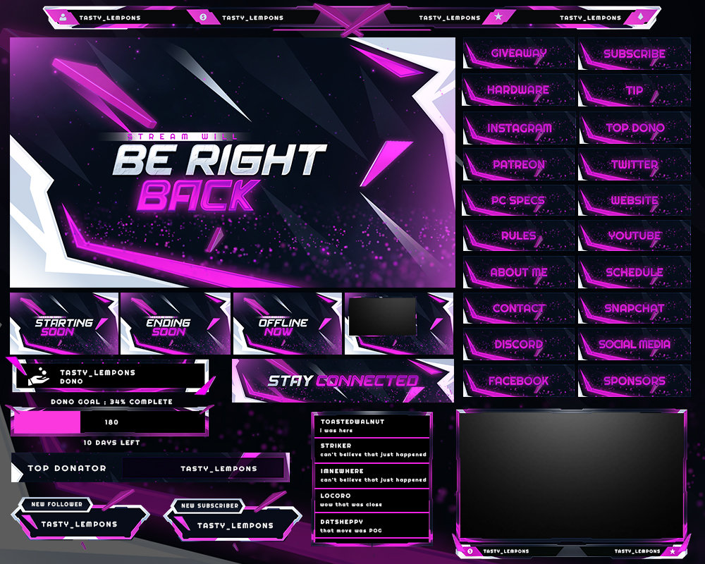 Neon Pink Twitch Overlay Package/3d/black/white/sharp/clean/particles ...