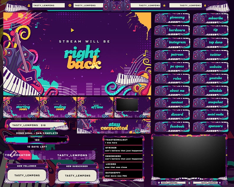 Purple Music Animated Twitch Overlay Package : Webcam, Screens, Panels ...