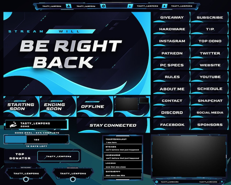 Clean Blue Twitch Overlay Package : Webcam, Screens, Panels, Alerts ...