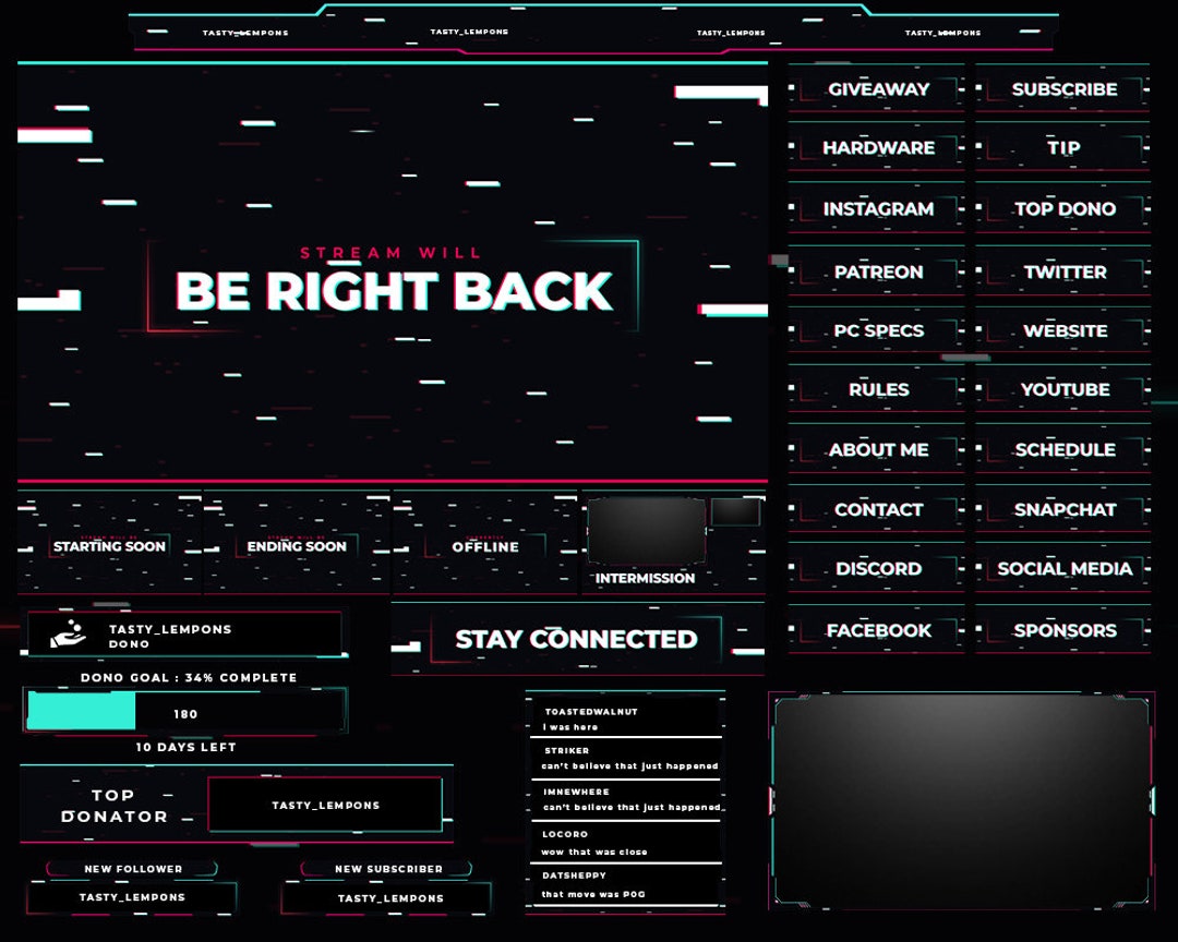 Glitch Twitch Overlay Package for Obs/rgb/cyber/dark/black/white/tron ...