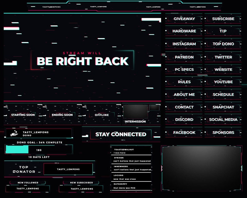 Glitch Twitch Overlay Package for Obs/rgb/cyber/dark/black/white/tron ...
