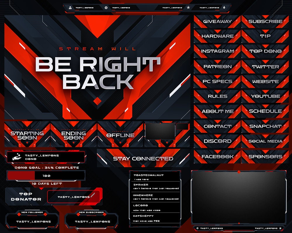 Modern Red Twitch Overlay Package : Webcam, Screens, Panels, Alerts ...