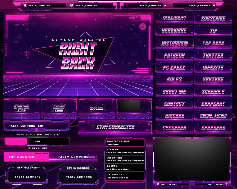 Retrowave Twitch Overlay Package for Obs/synthwave/80s/tron/purple ...
