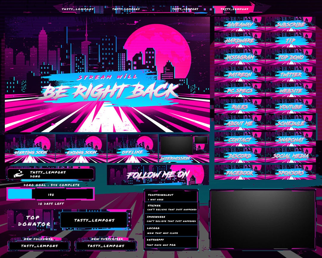 Retrowave Twitch Overlay Package : Webcam, Screens, Panels, Alerts ...