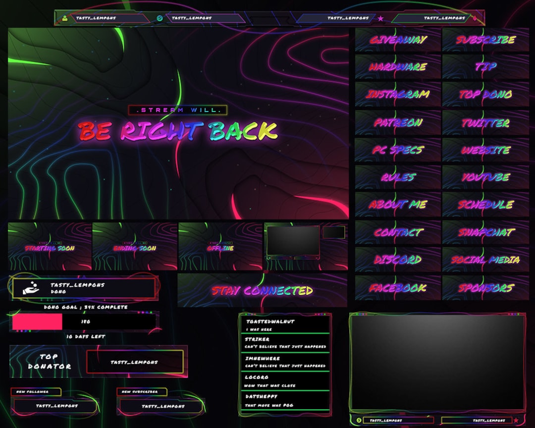 Neon Multicolored Twitch Overlay Package : Webcam, Screens, Panels ...