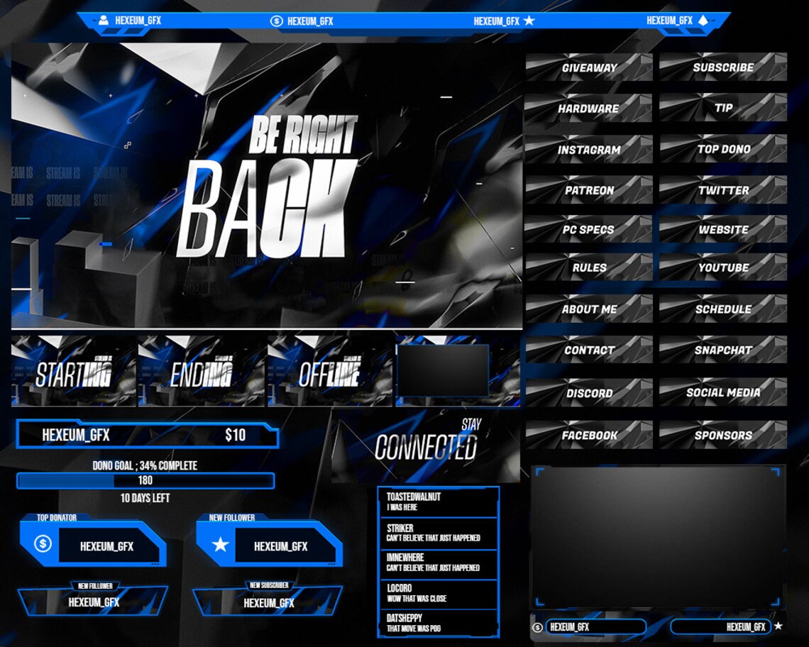 Blue Twitch Overlay Package for Obs/dark/mininmal/panels/webcam/esports ...