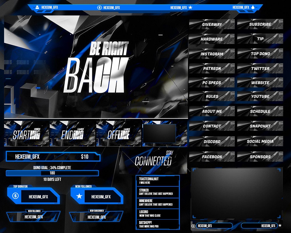 Blue Twitch Overlay Package for Obs/dark/mininmal/panels/webcam/esports ...