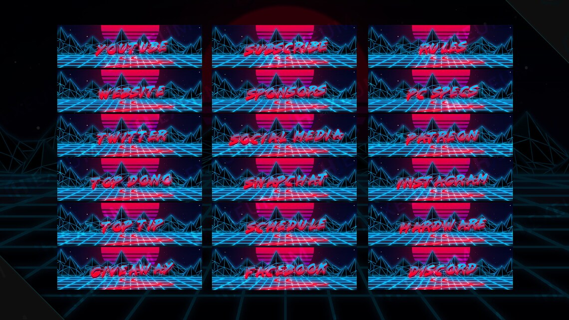 Synthwave, 80's Retro Animated Twitch Overlay Package : Webcam, Screens ...
