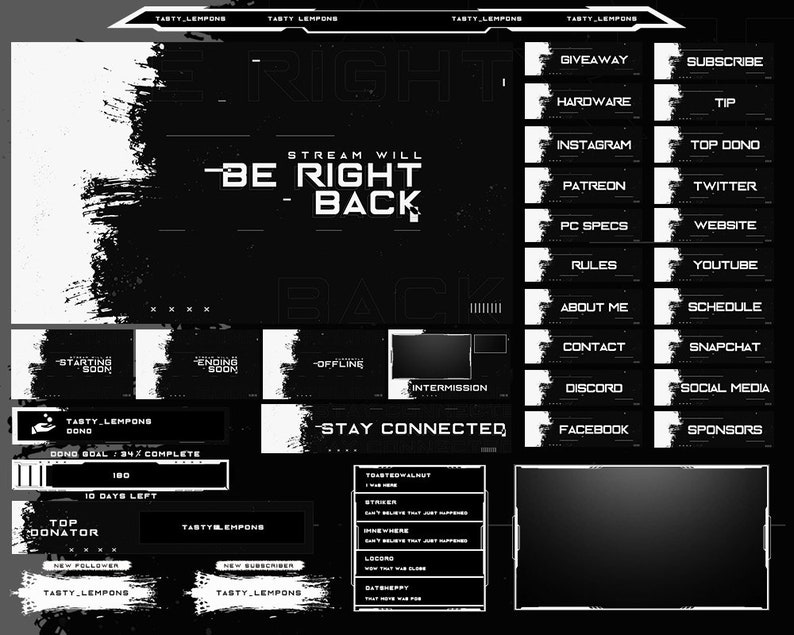Black and White Twitch Overlay Package for Obs/dark/esports/brush ...