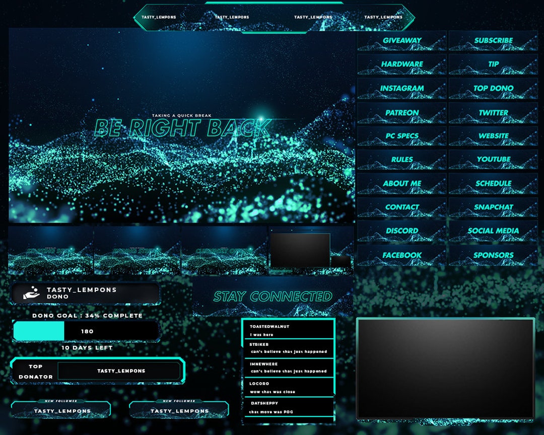 Neon Blue Animated Twitch Overlay Package: Stream Screens, Alerts, and ...