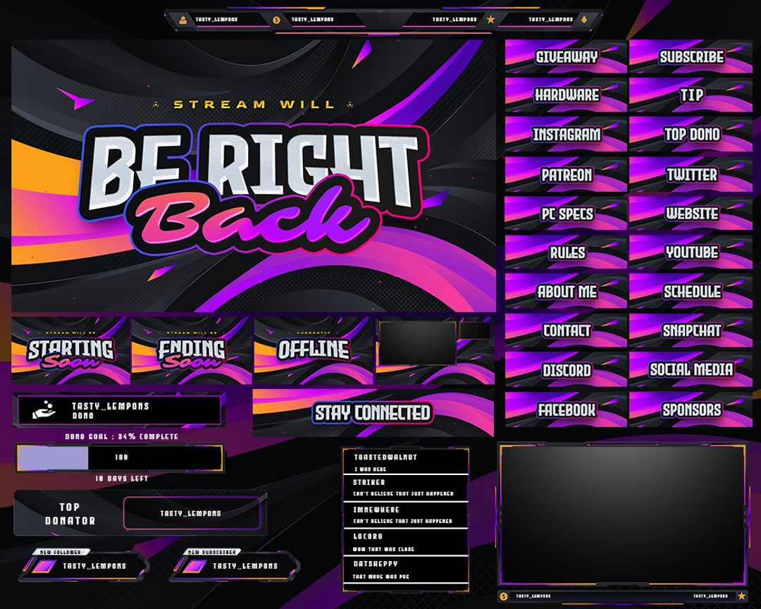 Purple and Orange Twitch Overlay Package : Webcam, Screens, Panels ...