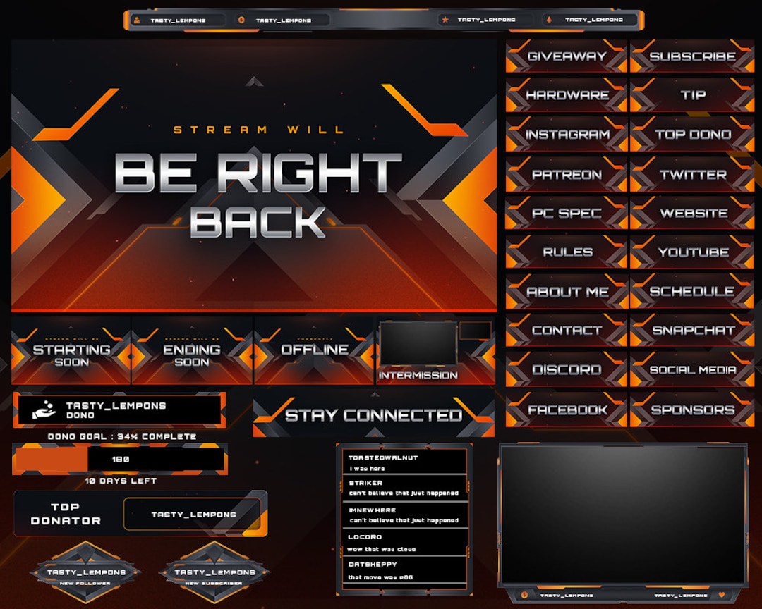 Clean Orange Twitch Overlay Package : Webcam, Screens, Panels, Alerts ...