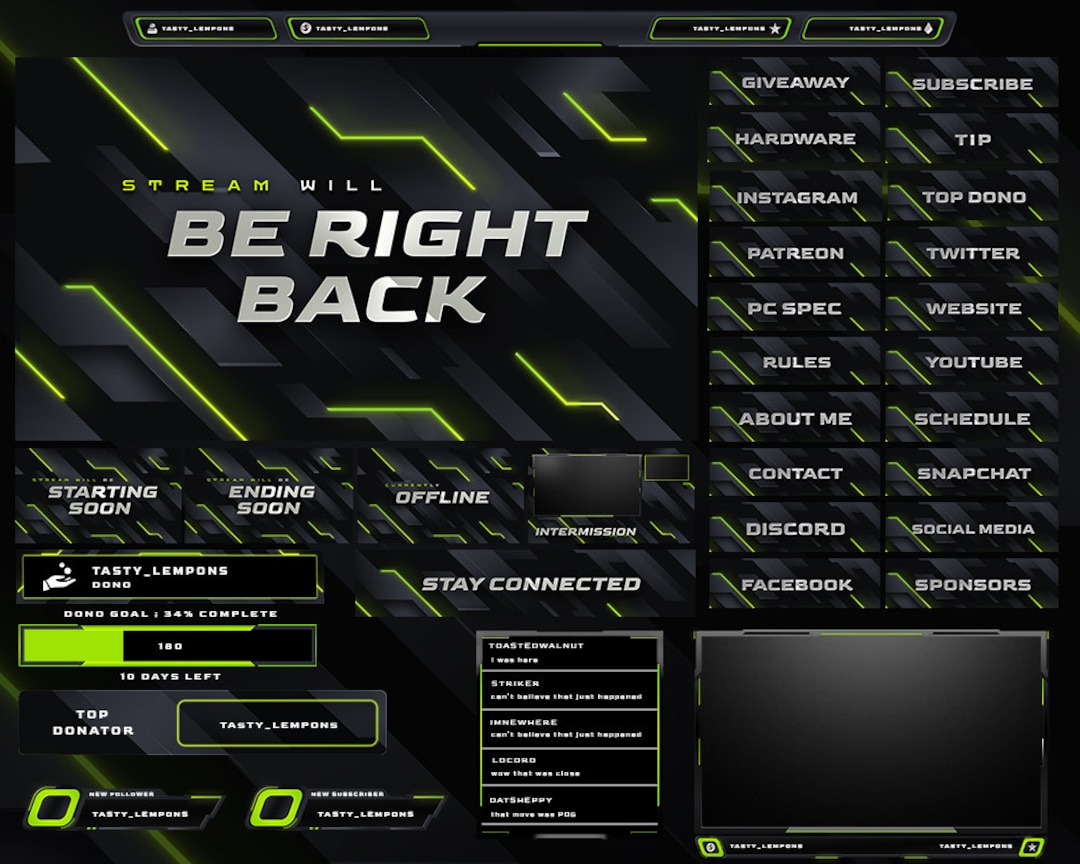 Neon Green Twitch Overlay Package : Webcam, Screens, Panels, Alerts ...