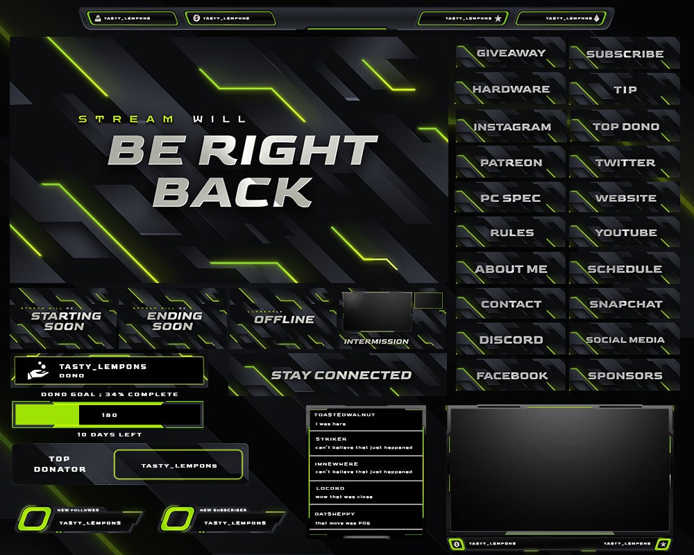 Neon Green Twitch Overlay Package : Webcam, Screens, Panels, Alerts ...