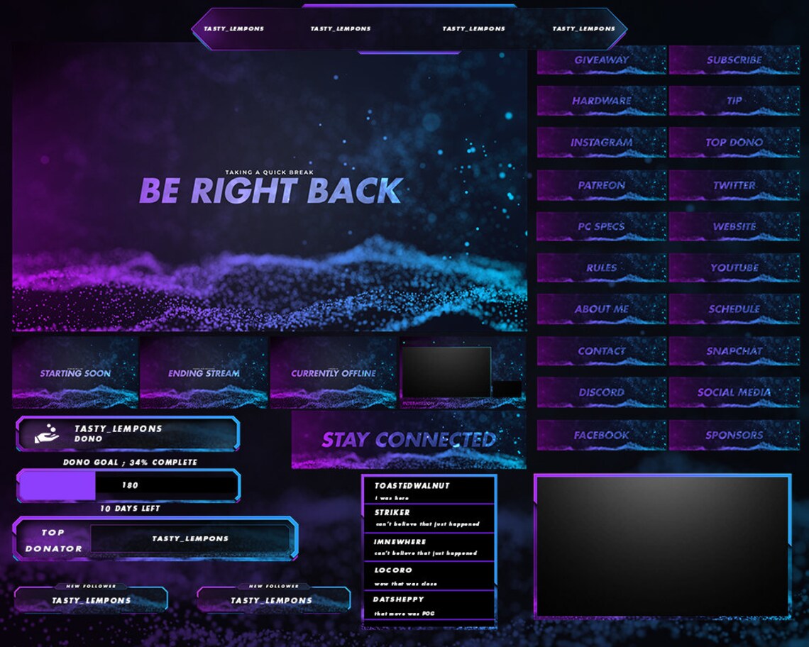 Purple & Blue Animated Twitch Overlay Package : Webcam, Screens, Panels ...