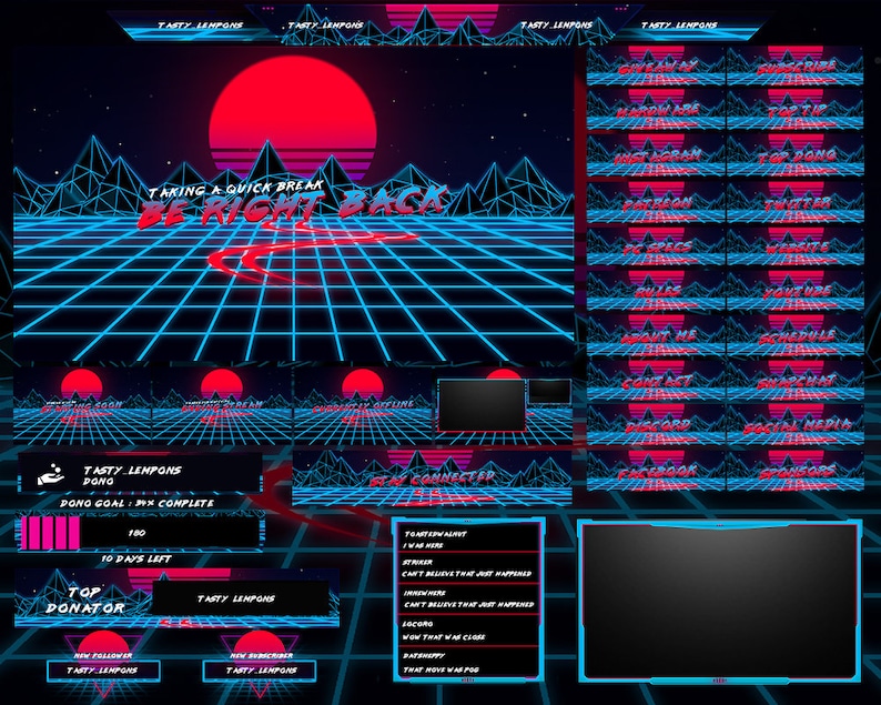Synthwave, 80's Retro Animated Twitch Overlay Package : Webcam, Screens ...