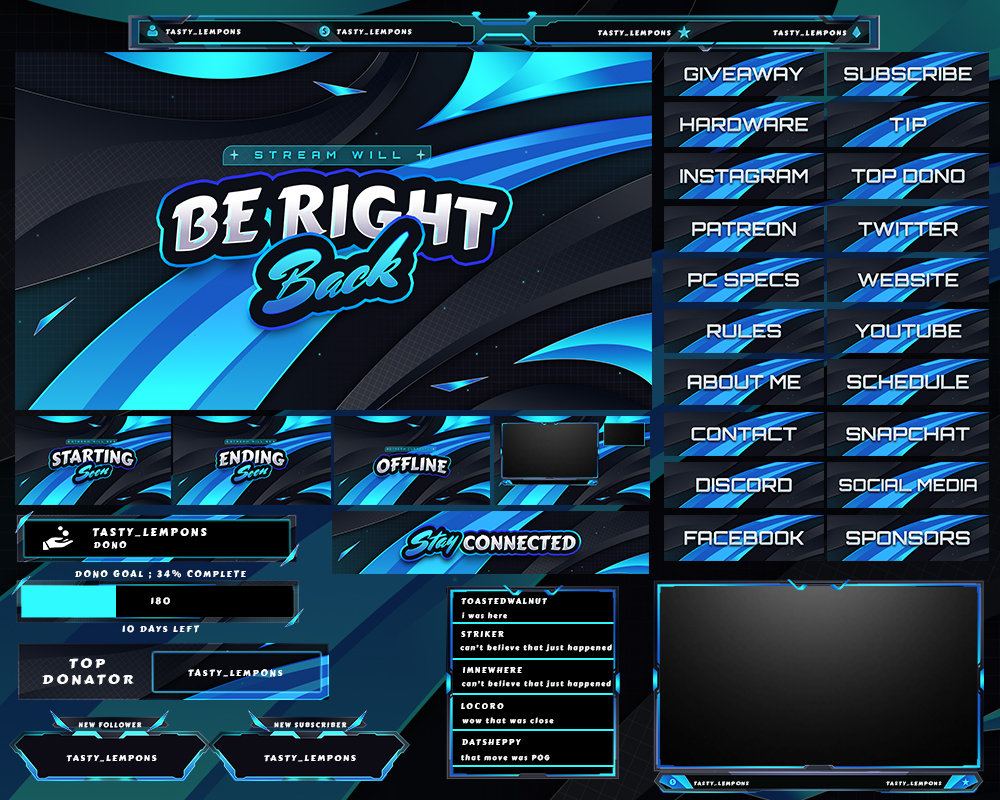 Animated Blue OBS Twitch Stream Overlay Package : Webcam, Screens ...