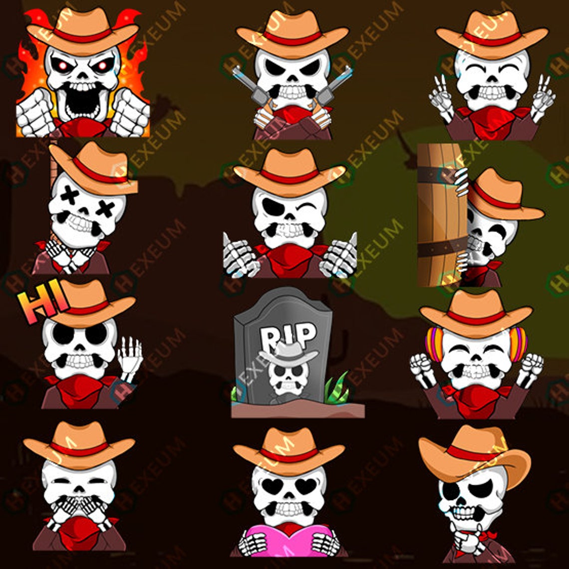Undead Cowboy Emotes | Skeleton Custom Twitch Emotes Pack - Etsy