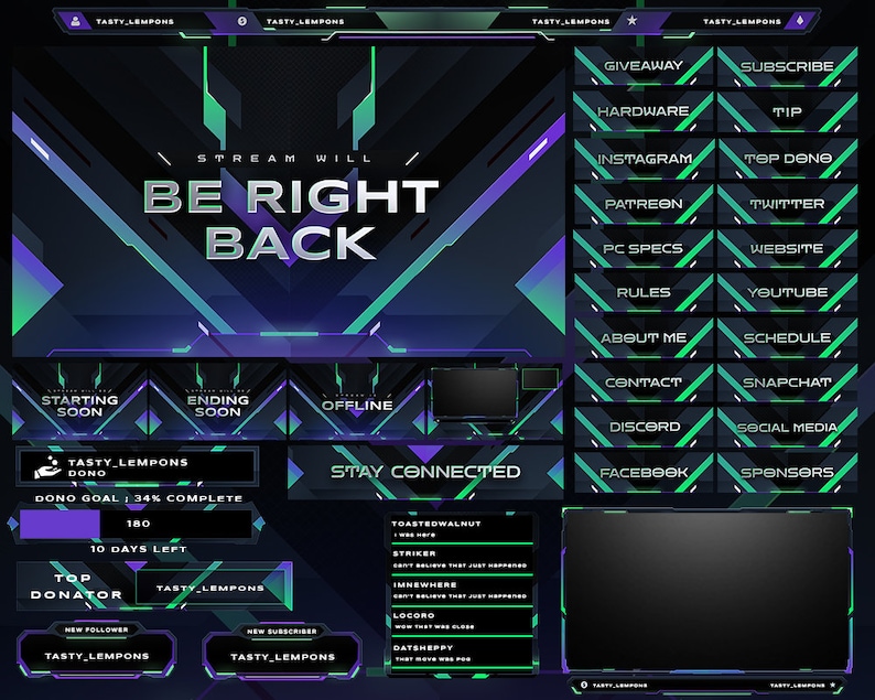 Green and Purple Animated Stream Overlay Package : Webcam, Screens ...