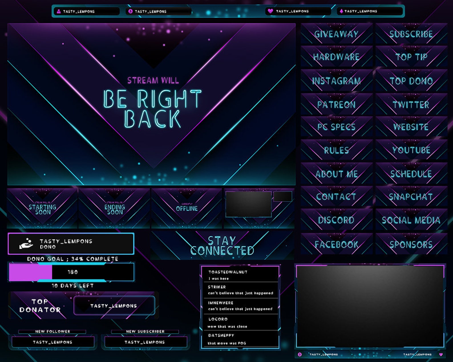 Blue & Purple Neon Twitch Overlay Package : Webcam, Screens, Panels ...