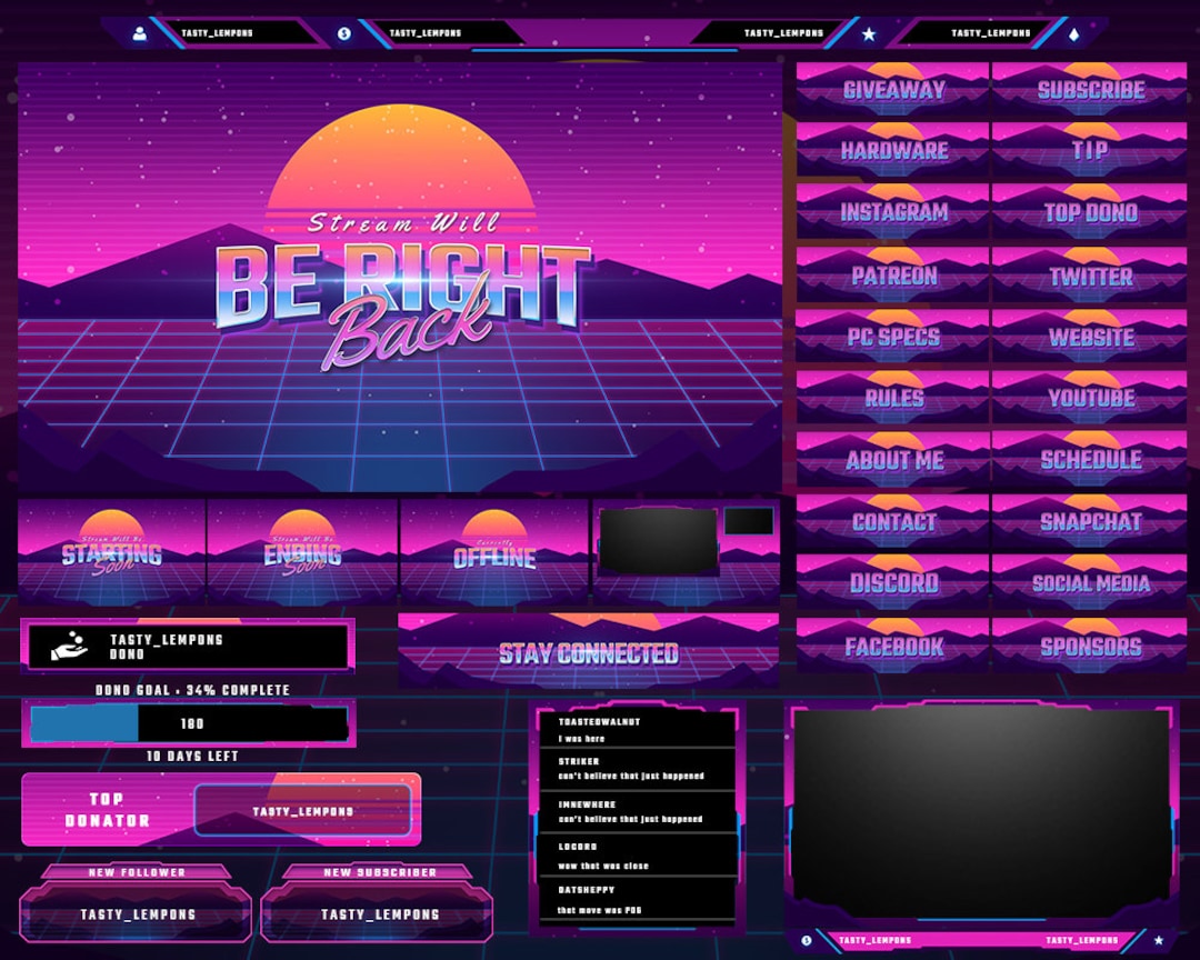Retro 80's Twitch Overlay Package : Webcam, Screens, Panels, Alerts ...