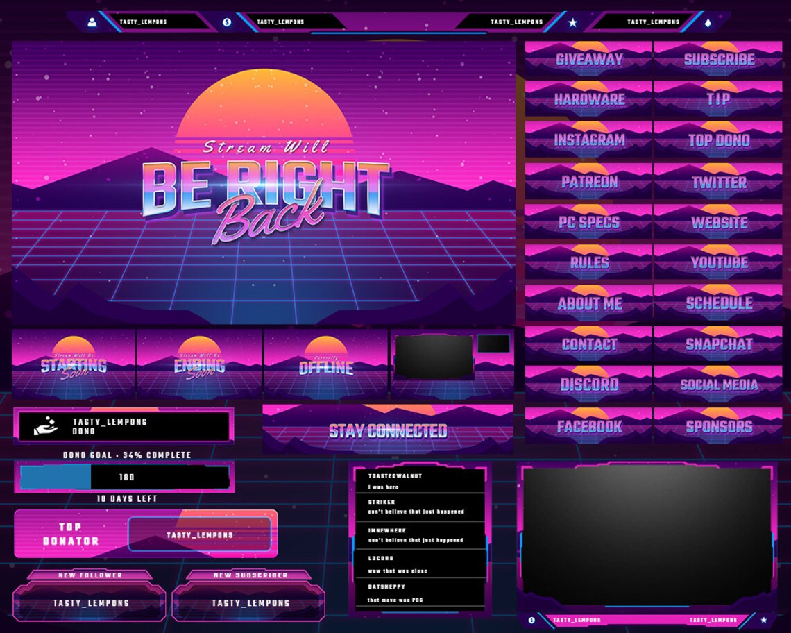 Retro 80's Twitch Overlay Package : Webcam, Screens, Panels, Alerts ...