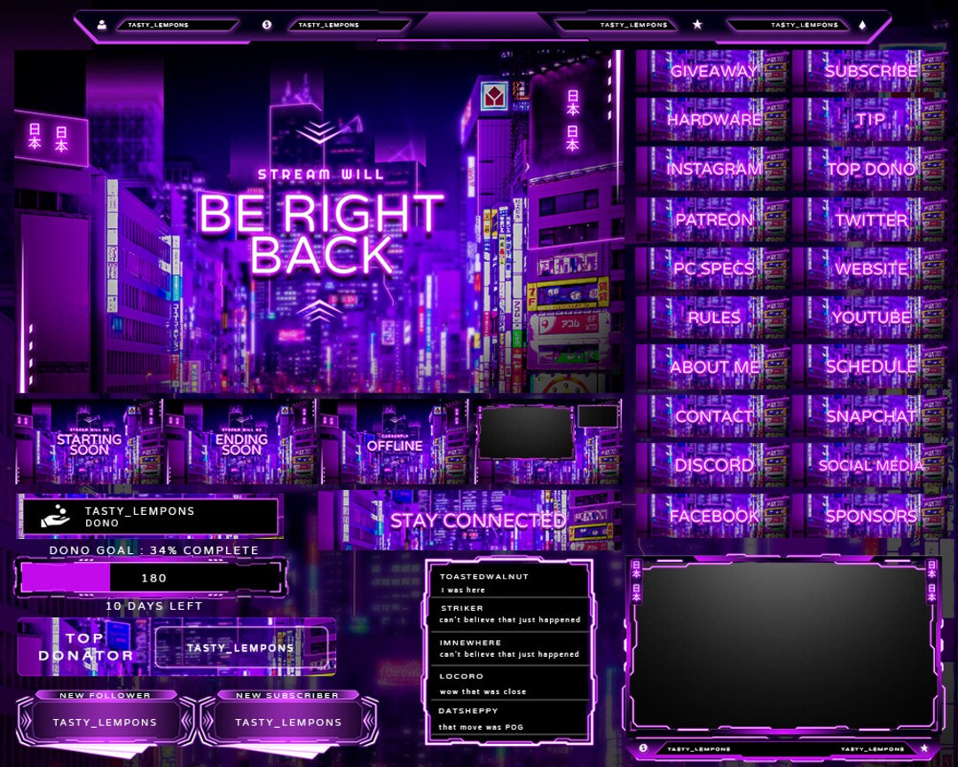 Neon Japanese City Twitch Overlay Package for OBS /tokyo/glowing ...