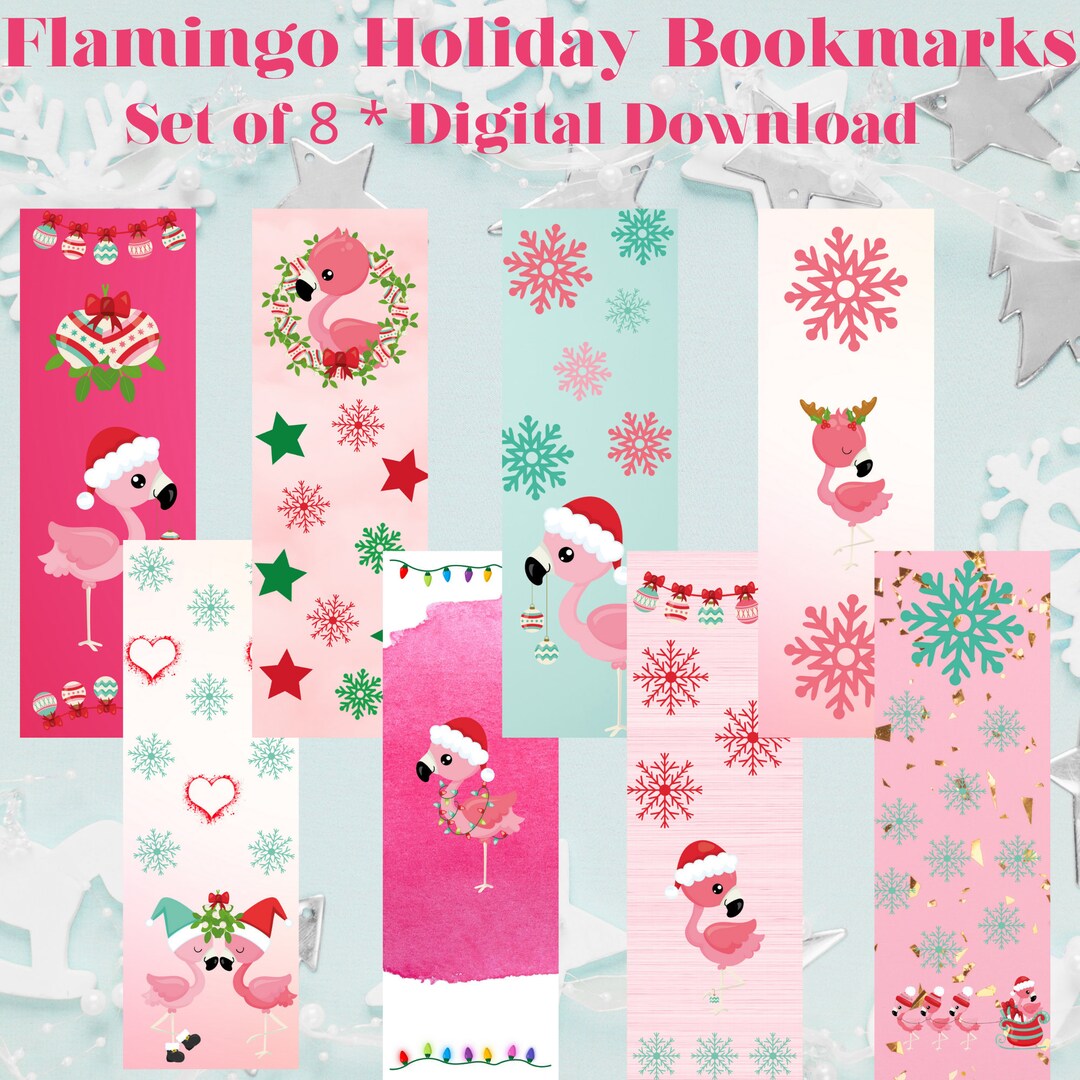 Flamingo Holiday Bookmarks, Set of 8, Digital Print, Christmas Flamingo ...