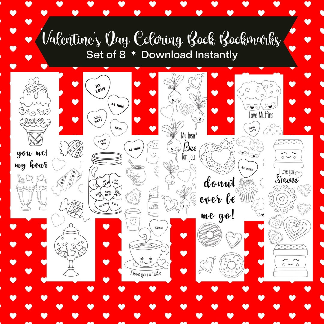 Valentine's Day Coloring Book Bookmarks, V-day Bookmarks, Digital Print ...
