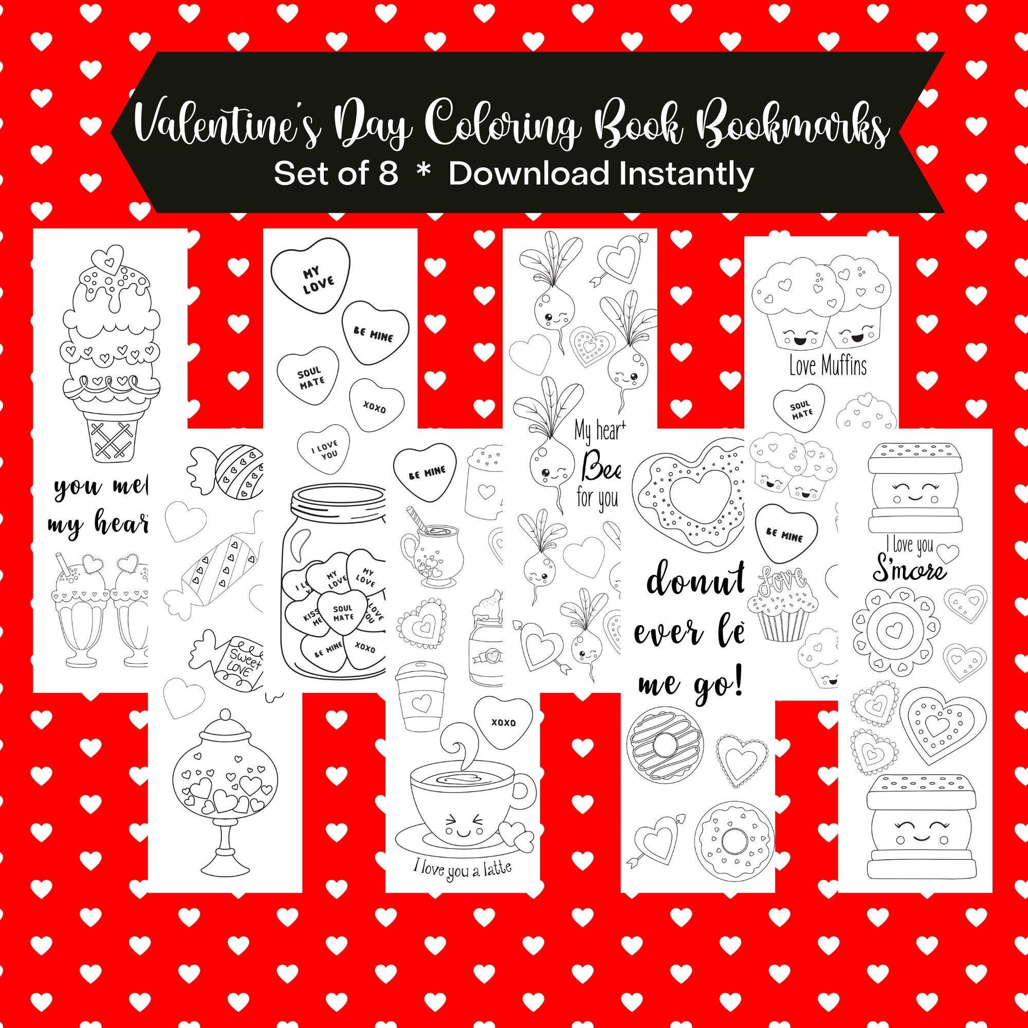 Valentine's Day Coloring Book Bookmarks, V-day Bookmarks, Digital Print ...