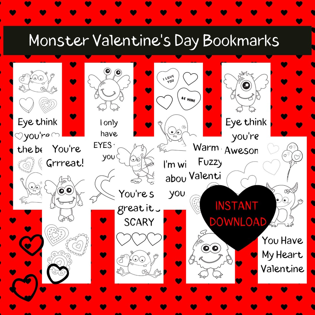 Monster Valentine's Day Coloring Book Bookmarks, Colouring Bookmarks ...