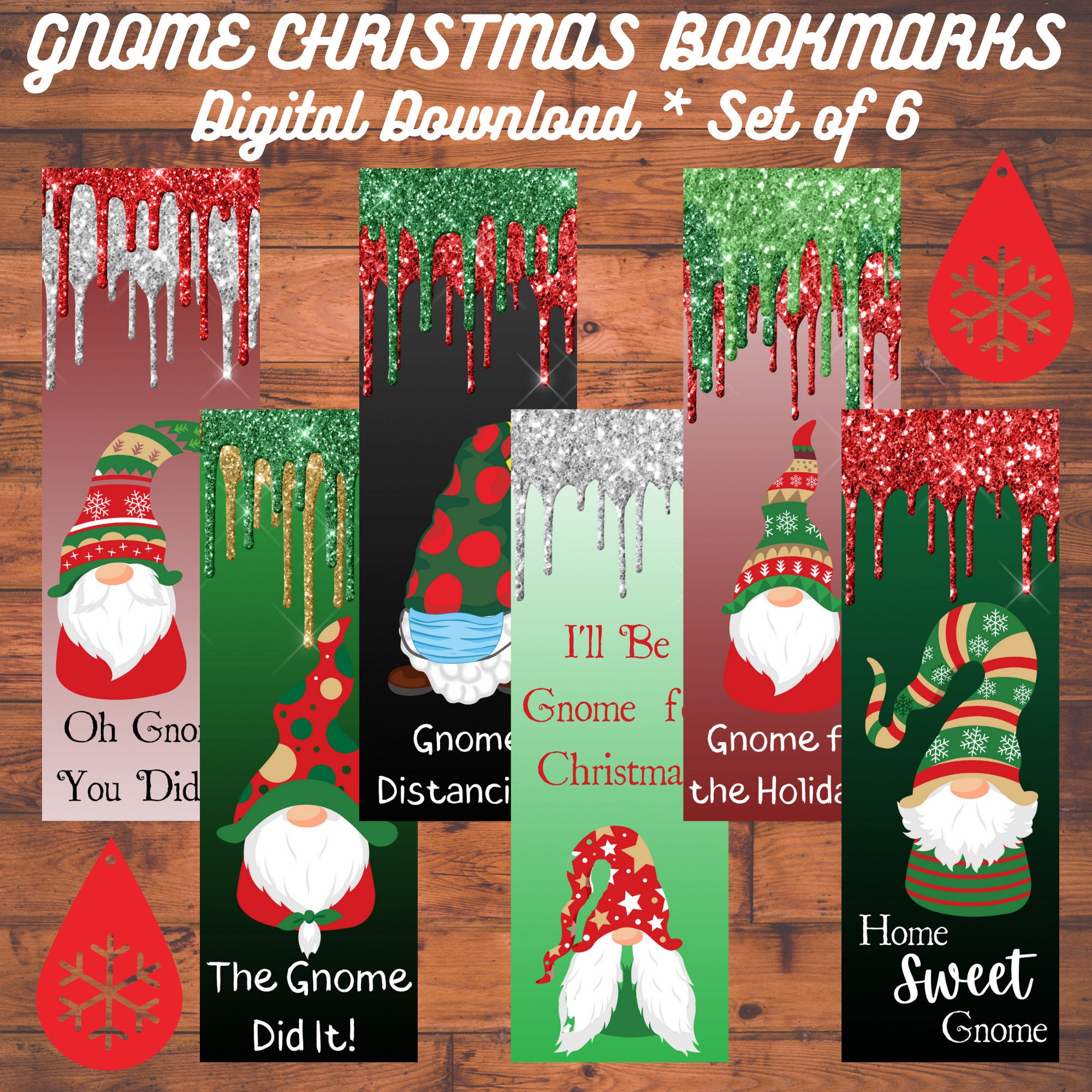 Gnome Christmas Bookmarks, Set of 6, Funny Gnome Sayings, Digital ...
