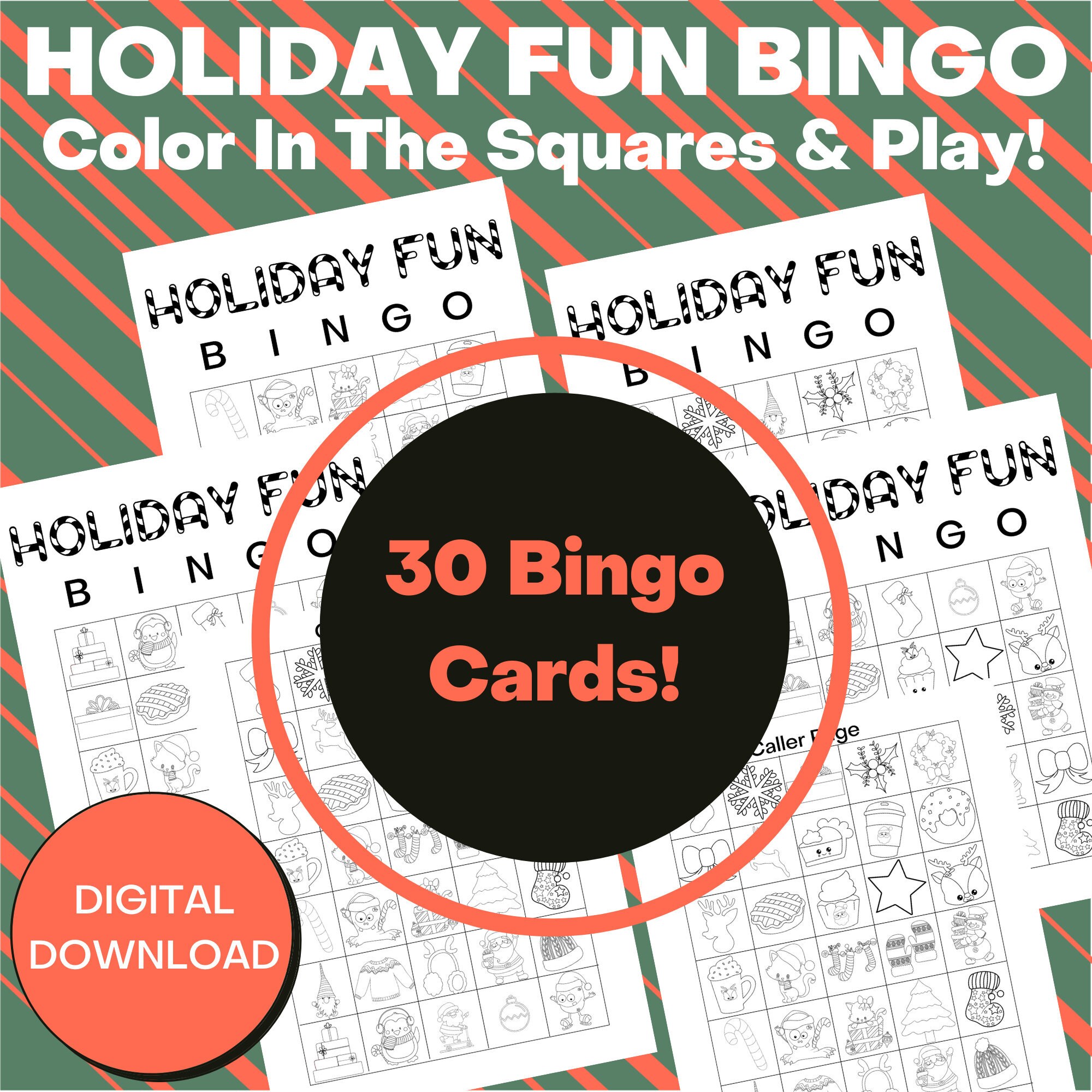 Holiday Bingo, Christmas Bingo, Coloring Book Bingo, Black and White ...