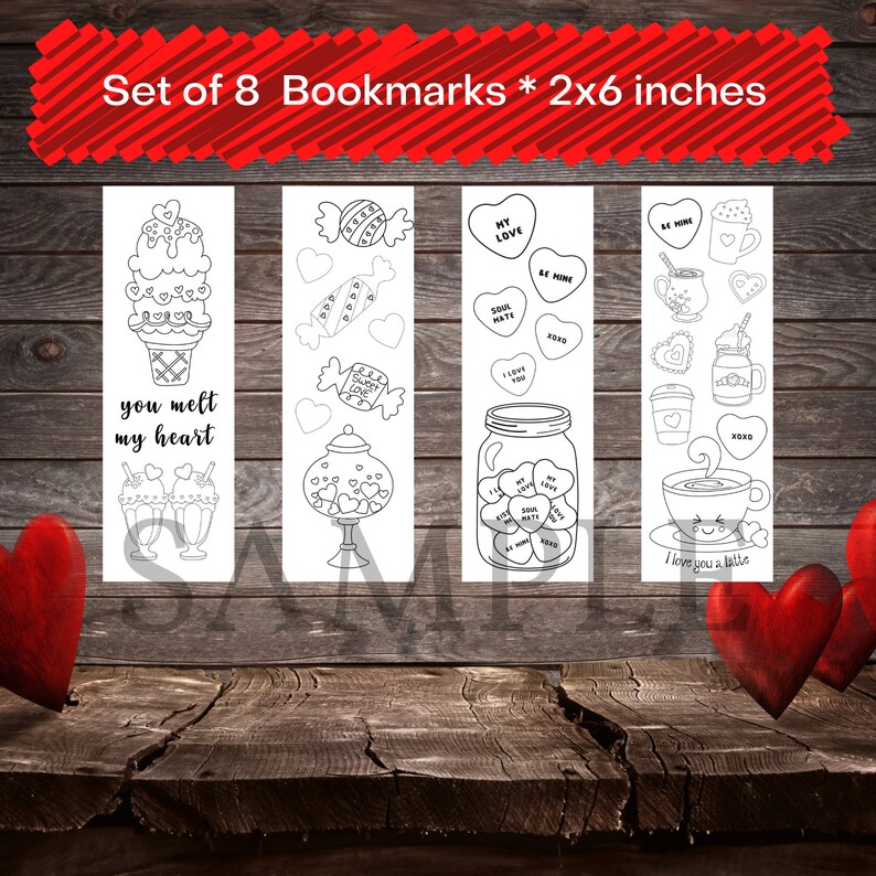 Valentine's Day Coloring Book Bookmarks, V-day Bookmarks, Digital Print ...