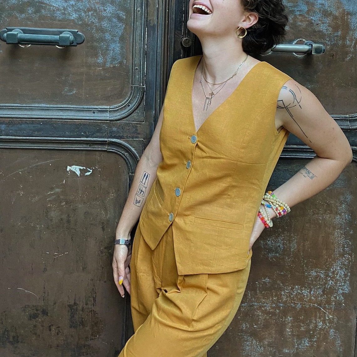Mustard Yellow Linen Suit With Satin Line Vest and Pants - Etsy