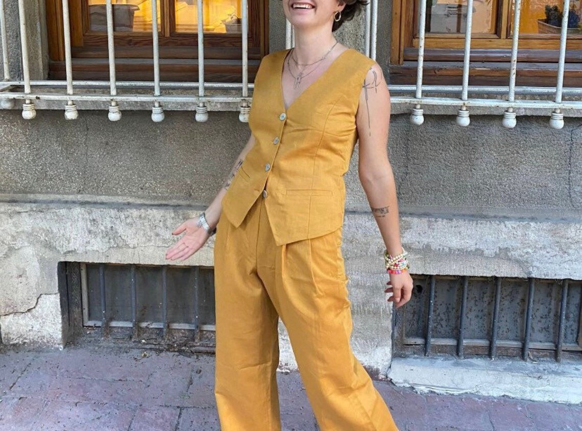 Mustard Yellow Linen Suit With Satin Line Vest and Pants - Etsy