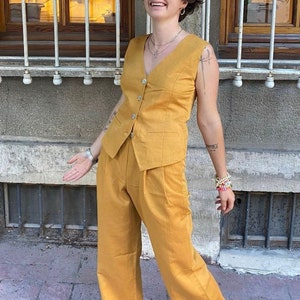 Mustard Yellow Linen Suit With Satin Line Vest and Pants - Etsy