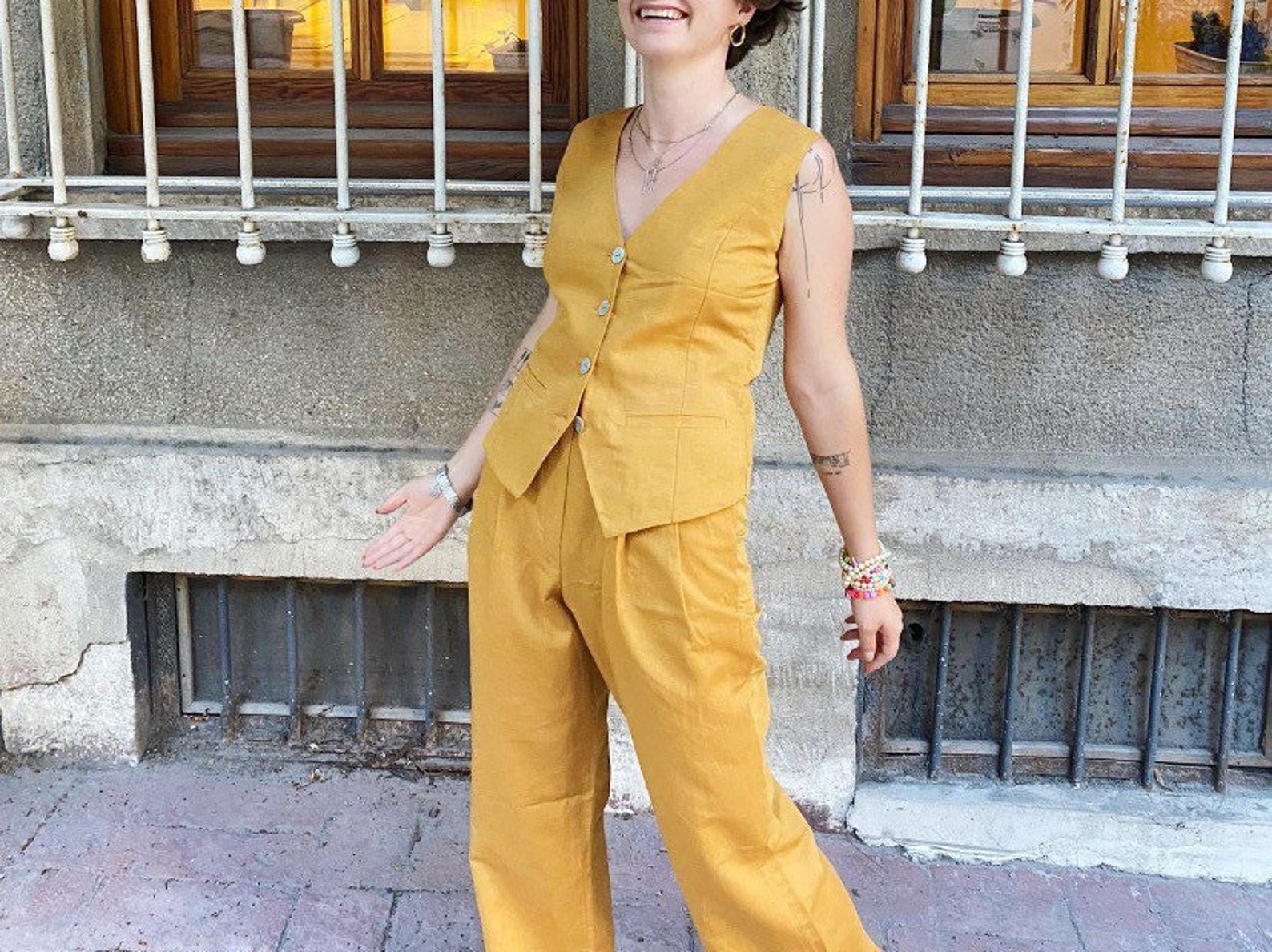 Mustard Yellow Linen Suit With Satin Line Vest and Pants - Etsy