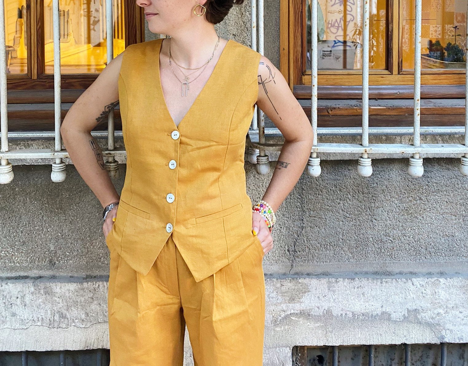 Mustard Yellow Linen Suit With Satin Line Vest and Pants - Etsy
