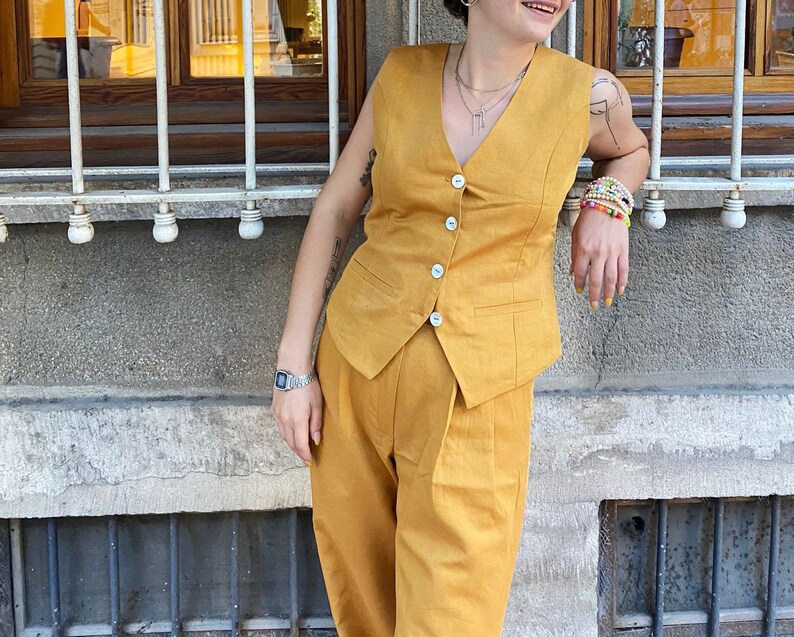 Mustard Yellow Linen Suit With Satin Line Vest and Pants - Etsy