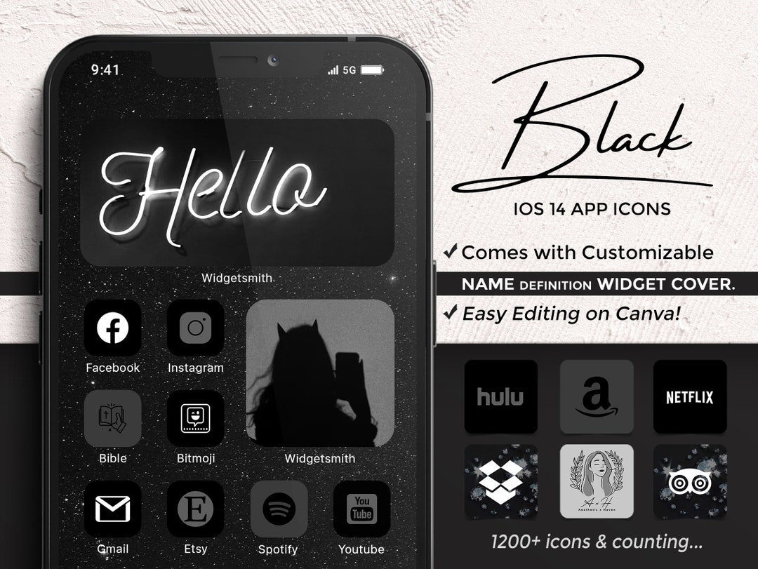 Personalized Black App Icons, Dark Goth Minimalist Ios14 App Icon, App ...