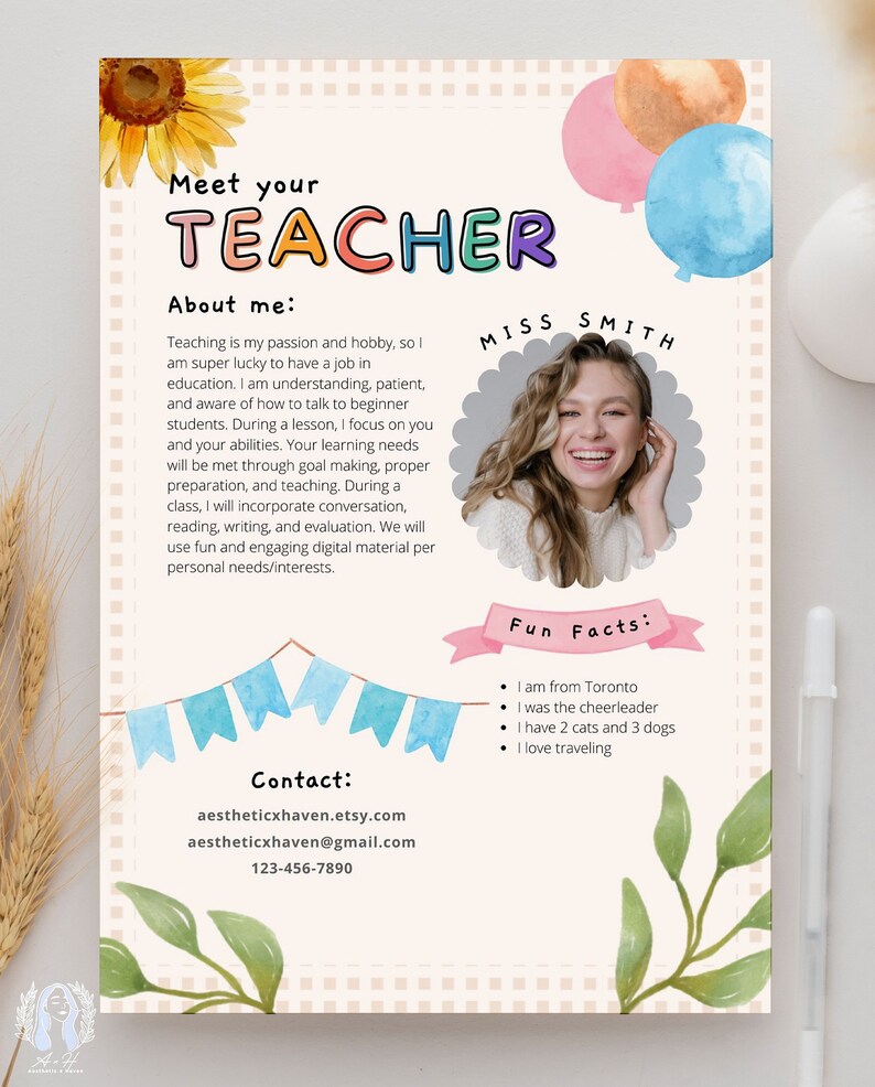 Editable Meet the Teacher Template, Botanical All About Me Printable ...