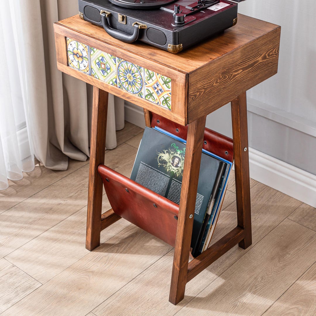 Pine Wood Record Player Stand: Tiled Drawer & Leather Vinyl Storage - Etsy