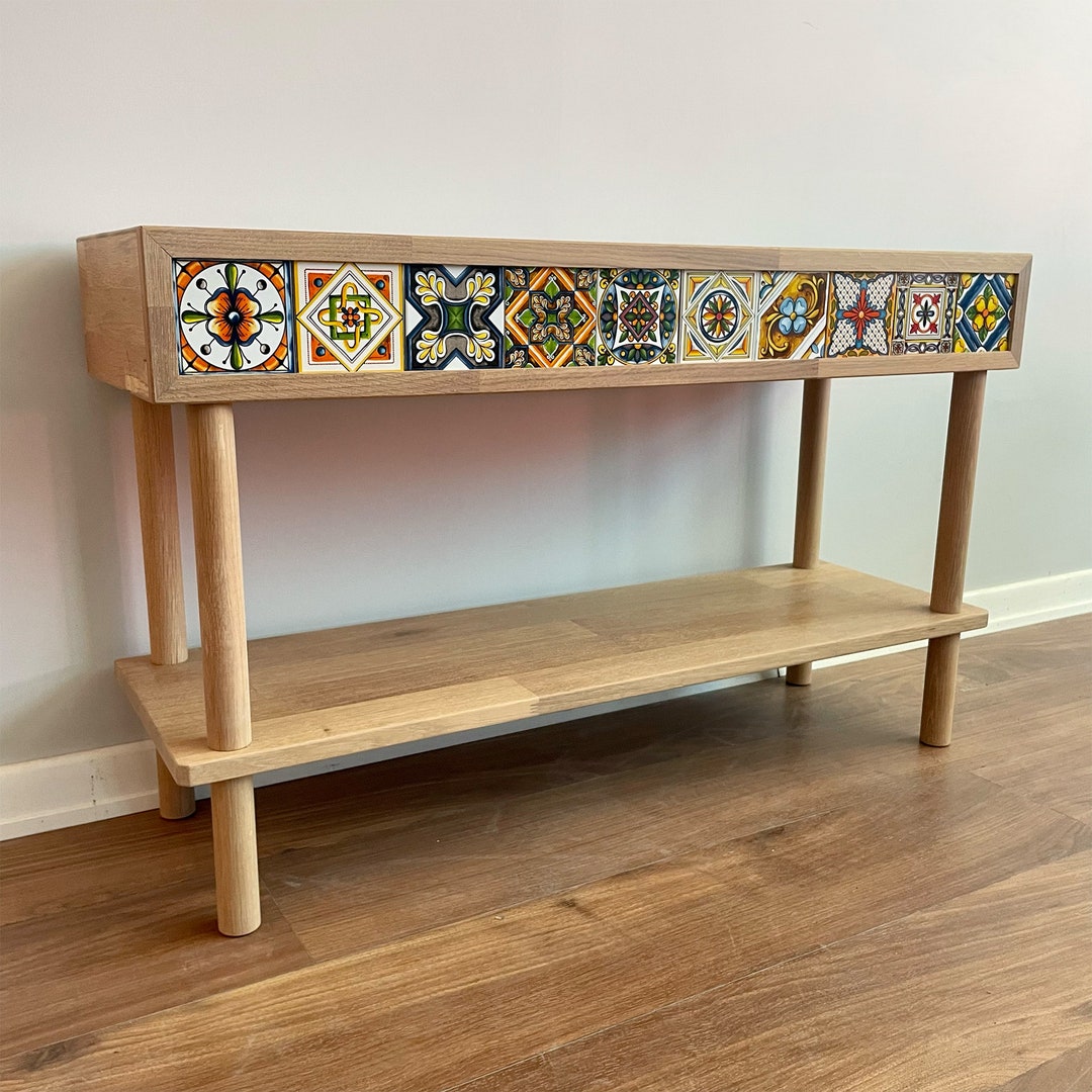 Oak Entryway Table With Mexican Tile: Hallway Console With Shelf, Table ...