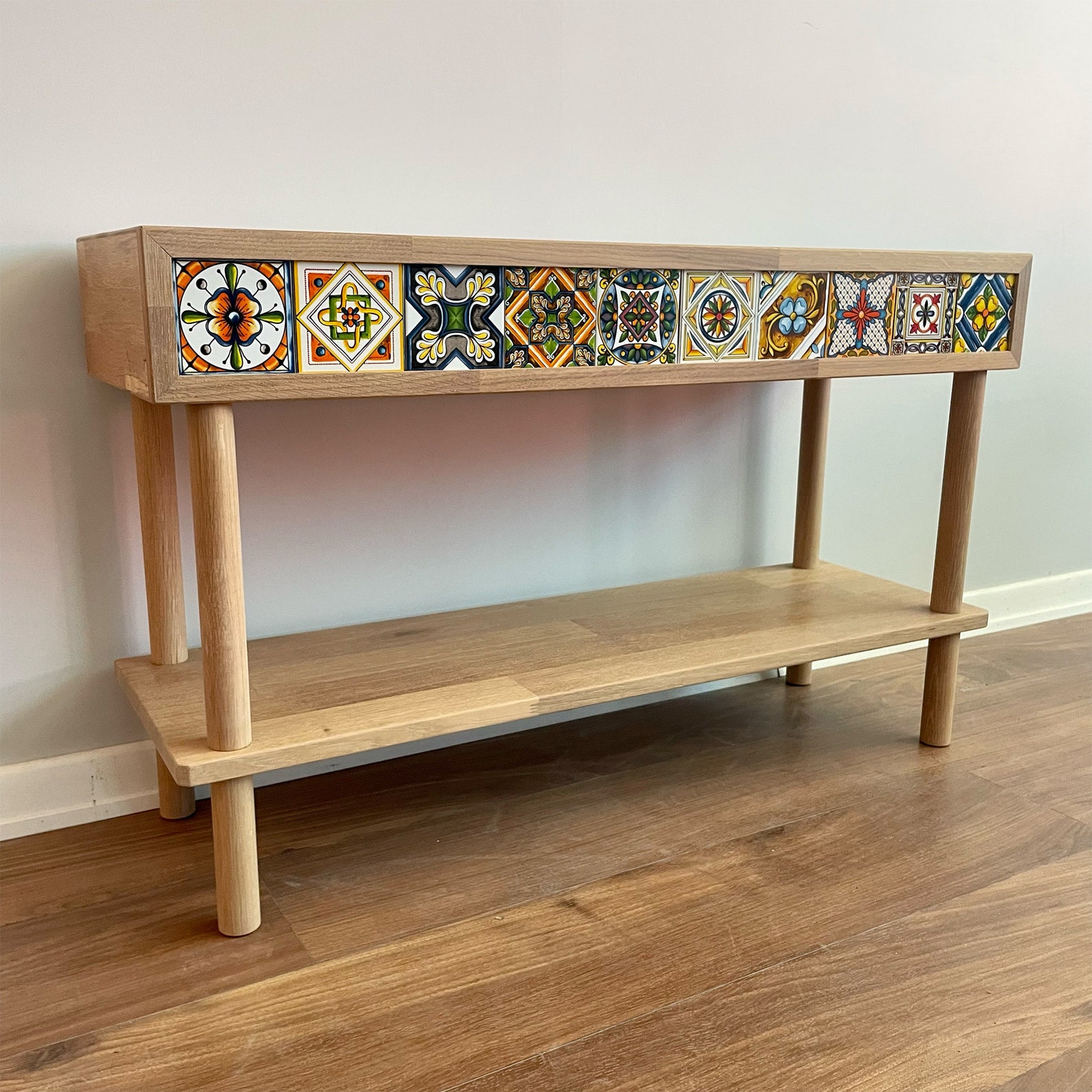 Oak Entryway Table With Mexican Tile: Hallway Console With Shelf, Table ...