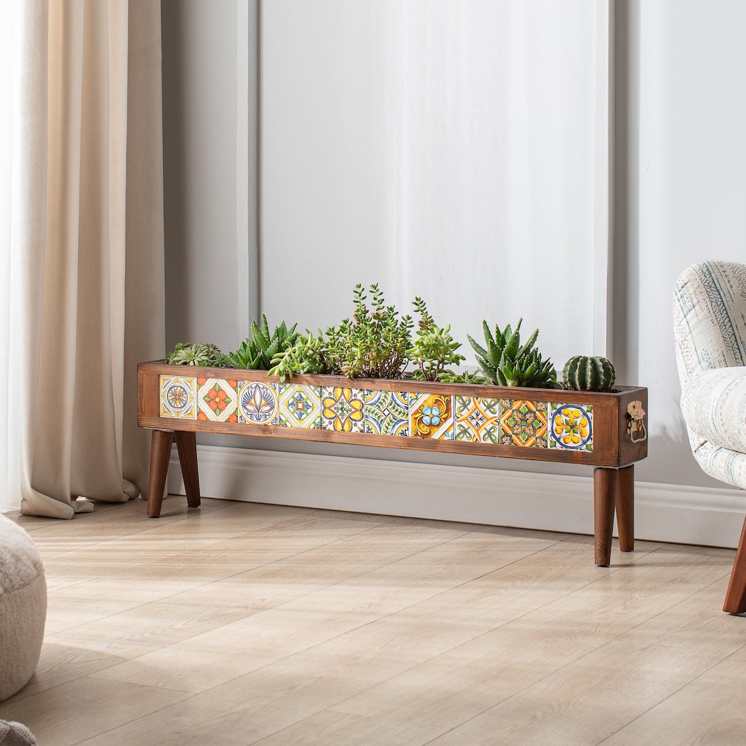 Mexican Tile Wooden Planter With Legs & Tray, Plan Stand With Talavera ...