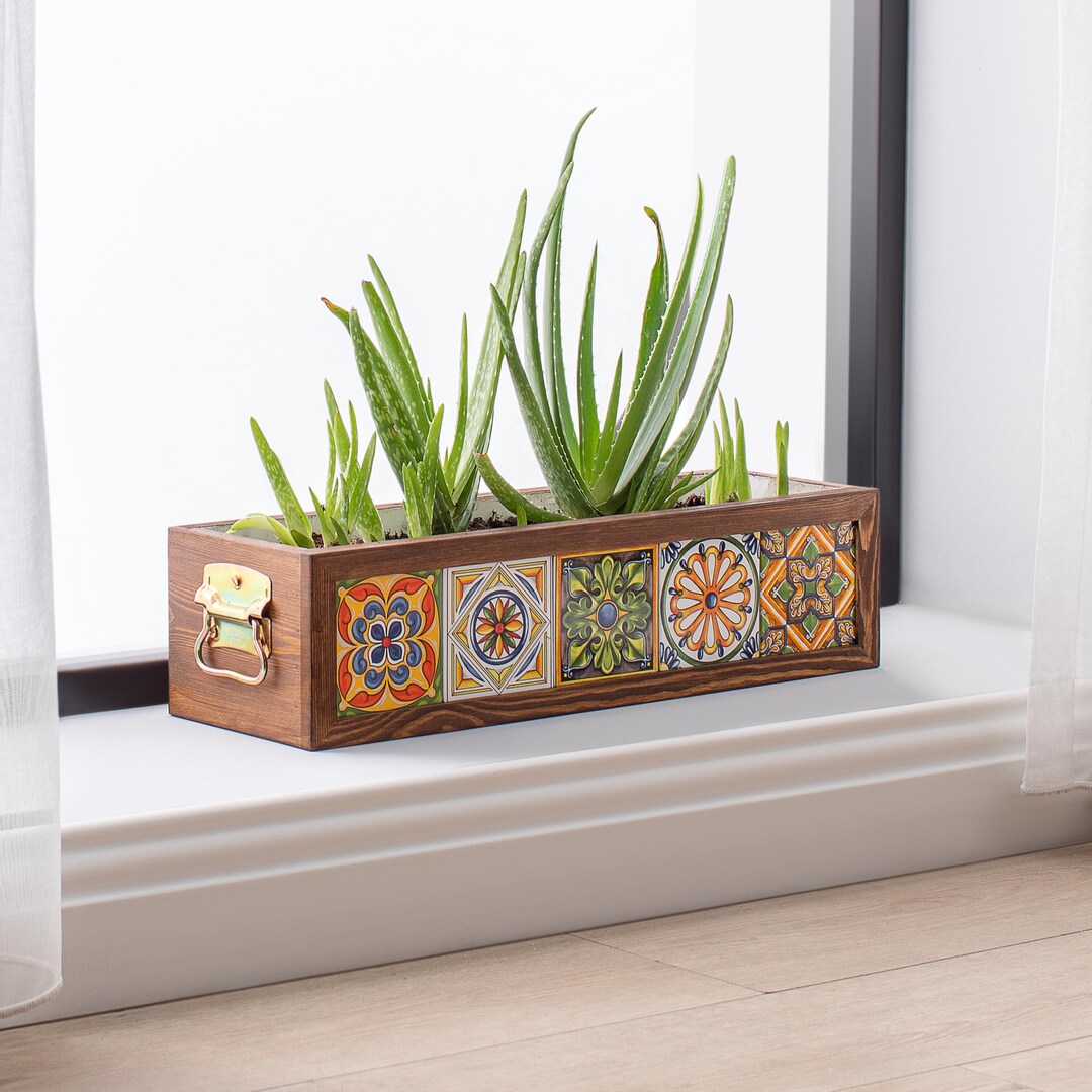 Mexican Tile Wooden Planter Box: Indoor Outdoor Flower Pot - Etsy