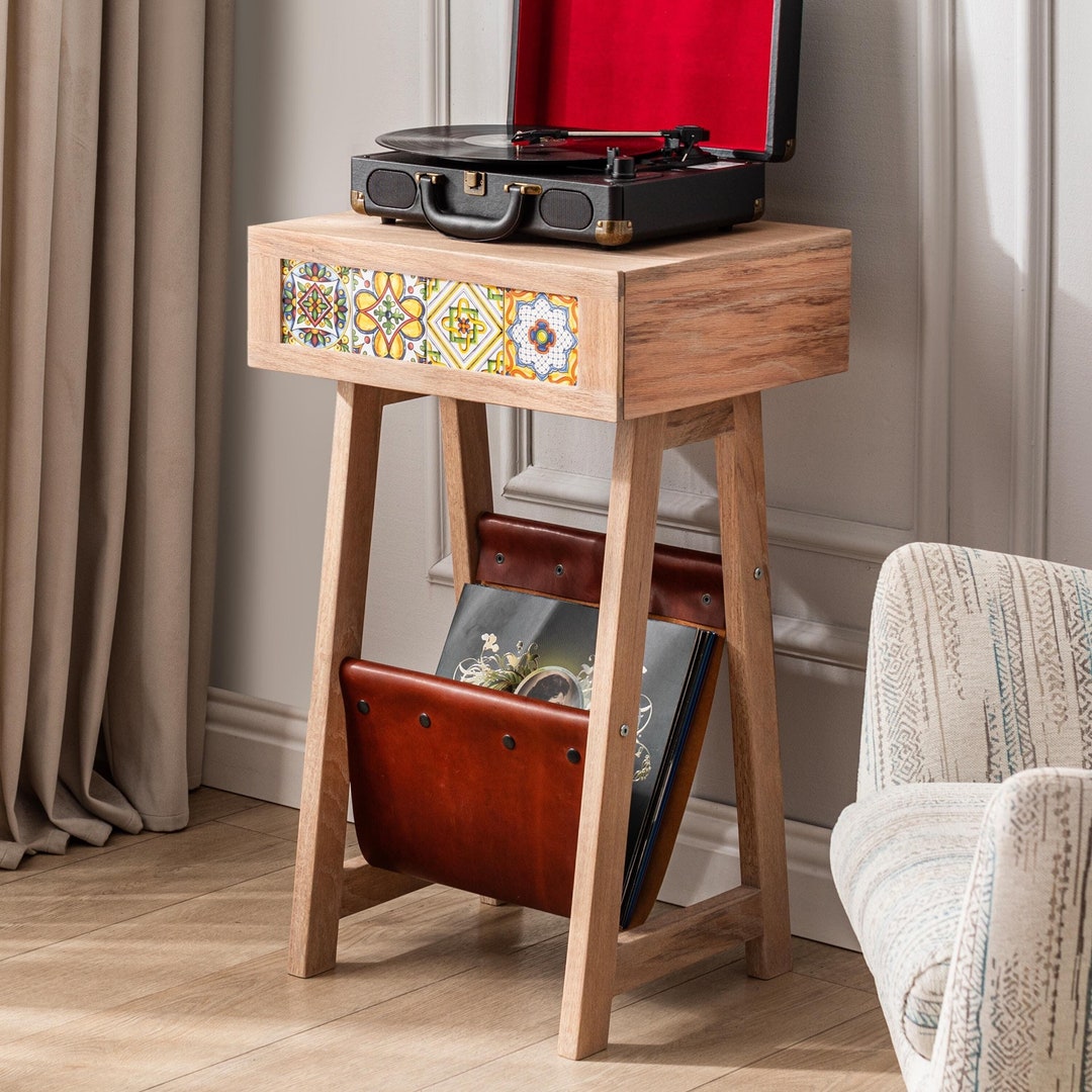 Oak Record Player Stand, Tiled Drawer, Leather Vinyl Storage, Console ...